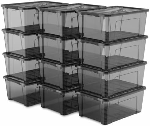 Clear Black Storage Bins with Lids, 12 Pack Plastic Containers with ...