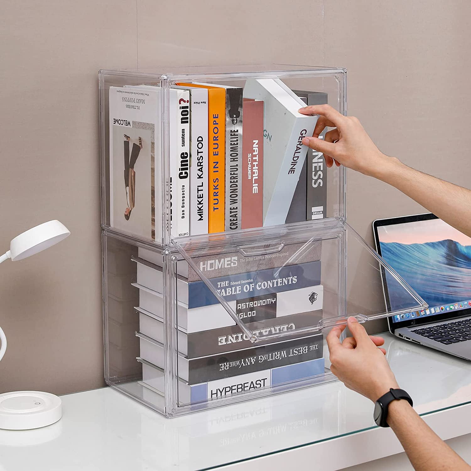 Clear Book Storage Organizer Box with Magnetic Door, Stackable Plastic ...