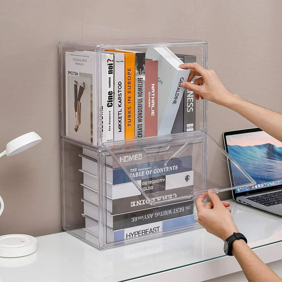 Clear Book Storage Organizer Box with Magnetic Door, Stackable Plastic ...