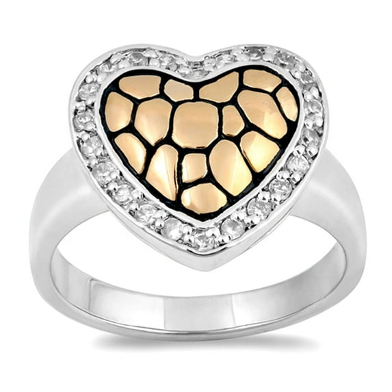 Clear CZ Gold-Tone Mosaic Heart Halo Ring .925 Sterling Silver Band ...