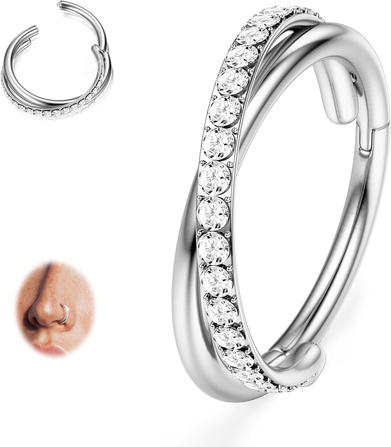 Clear CZ Nose Rings Hoop - 316L Surgical Steel Body Piercing Hoop ...
