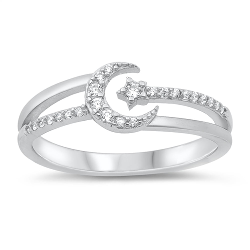 Clear CZ Open Crescent Moon Star Studded Ring .925 Sterling Silver Band ...