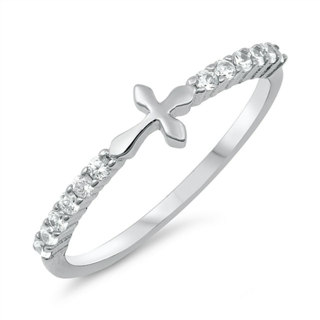 Clear CZ Sideways Cross Christian Purity Ring Sterling Silver Band ...