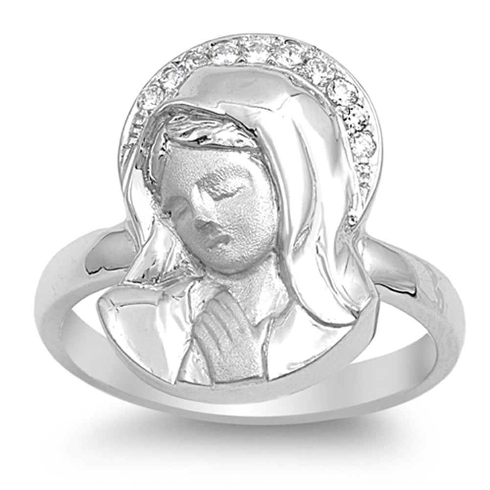 Clear CZ Virgin Mary Catholic Church Ring .925 Sterling Silver Band ...