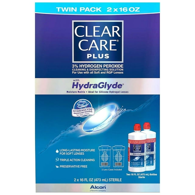 Clear Care Plus with Hydraglyde Cleaning & Disinfecting Solution Twin Pack with 2 Lens Cases ...
