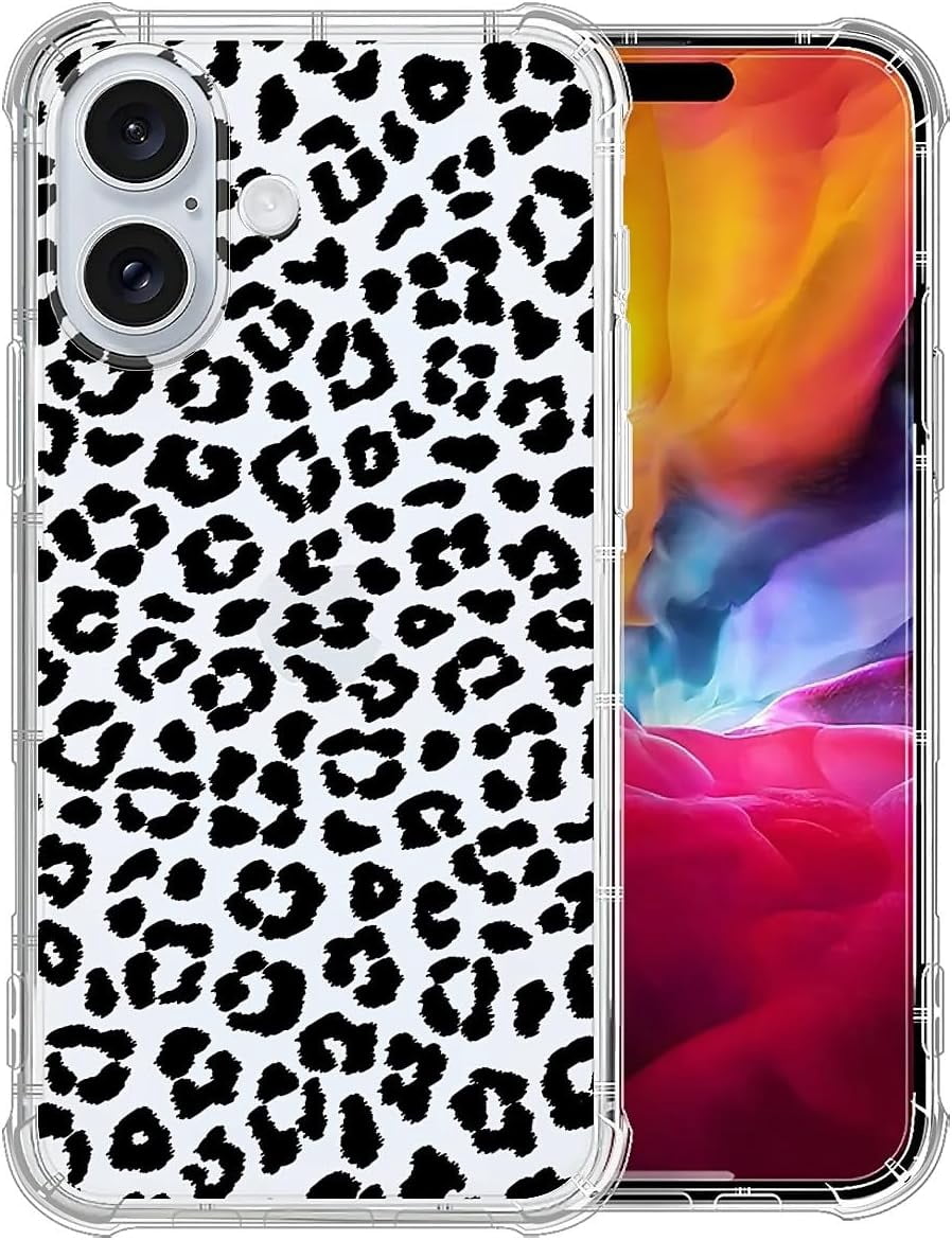 Clear Case for iPhone 16, Black White Leopard Print Cute Soft Silicone ...