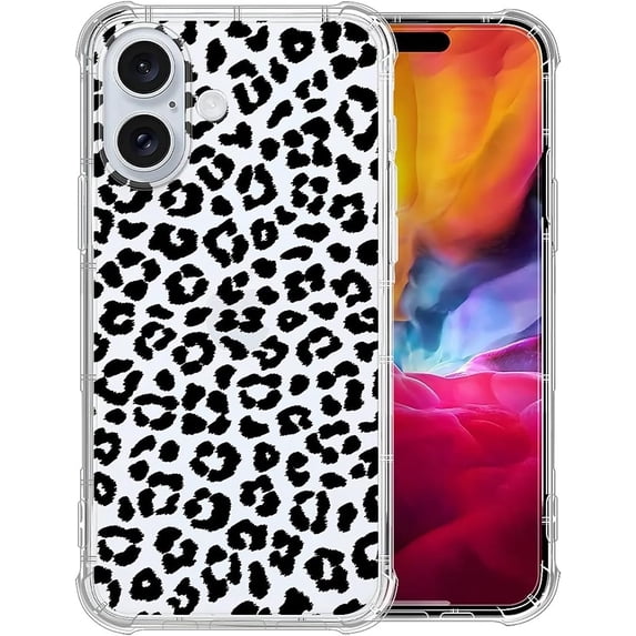 Clear Case for iPhone 16, Black White Leopard Print Cute Soft Silicone ...