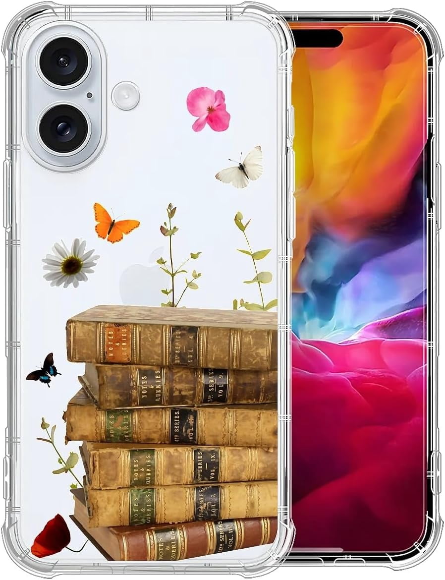 Clear Case for iPhone 16 Plus, Vintage Book Flowers Cute Soft Silicone ...