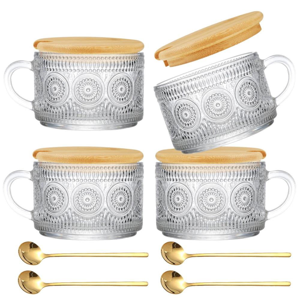 Clear Coffee Mug|Clear Embossed Vintage Glass Cups with Spoons|Drinking Glasses for Latte ...