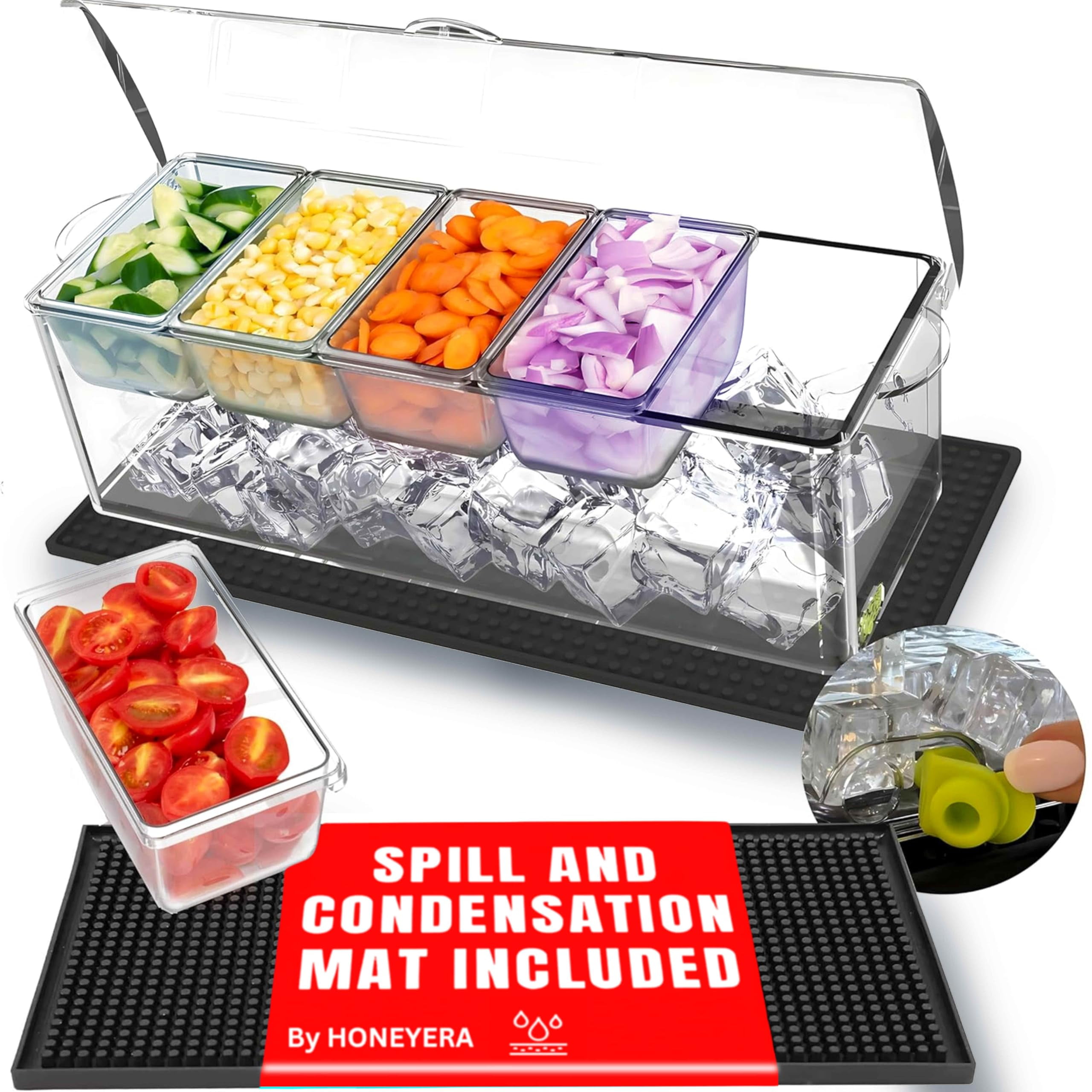 Clear Condiment Server with Drain Plug – 80 Oz Ice Capacity for Chilled Taco Bar, Salad Bar ...