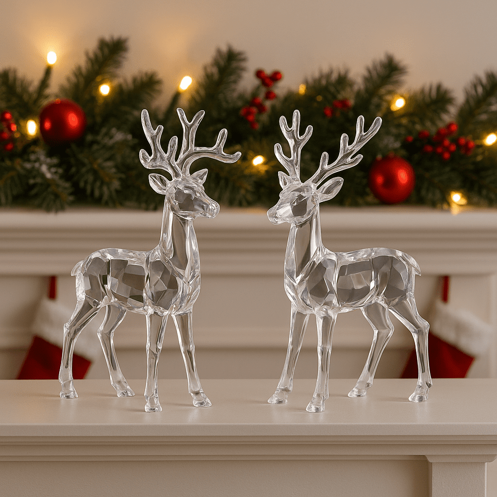Clear Crystal Reindeer Figurines – Set of 2 Acrylic Deer Decorations ...