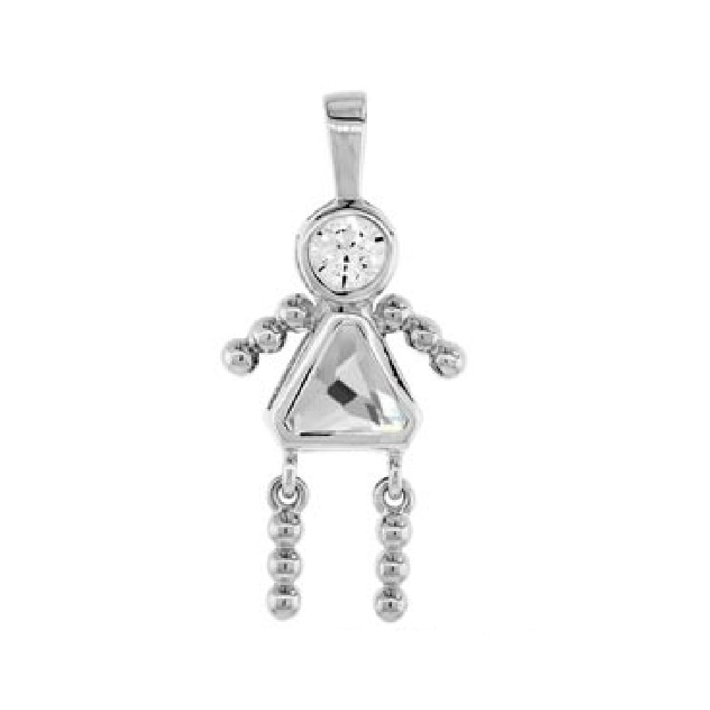 Clear Cubic Zirconia April Birthstone Girl Flat Charm Rhodium Plated ...