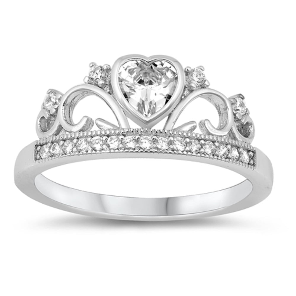 Clear Cubic Zirconia Heart Crown Ring Sterling Silver Size 8 - Walmart.com