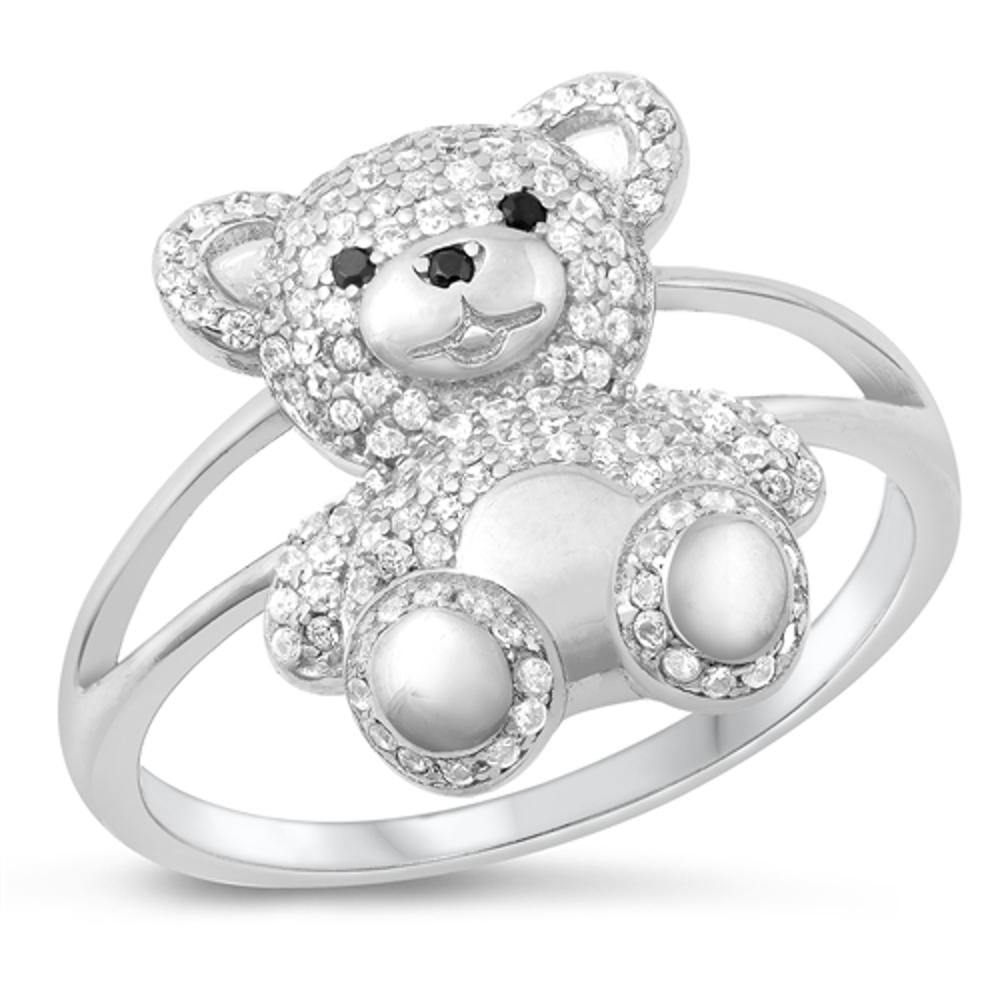 Clear Cubic Zirconia Ring .925 Sterling Silver Teddy Bear Band White ...