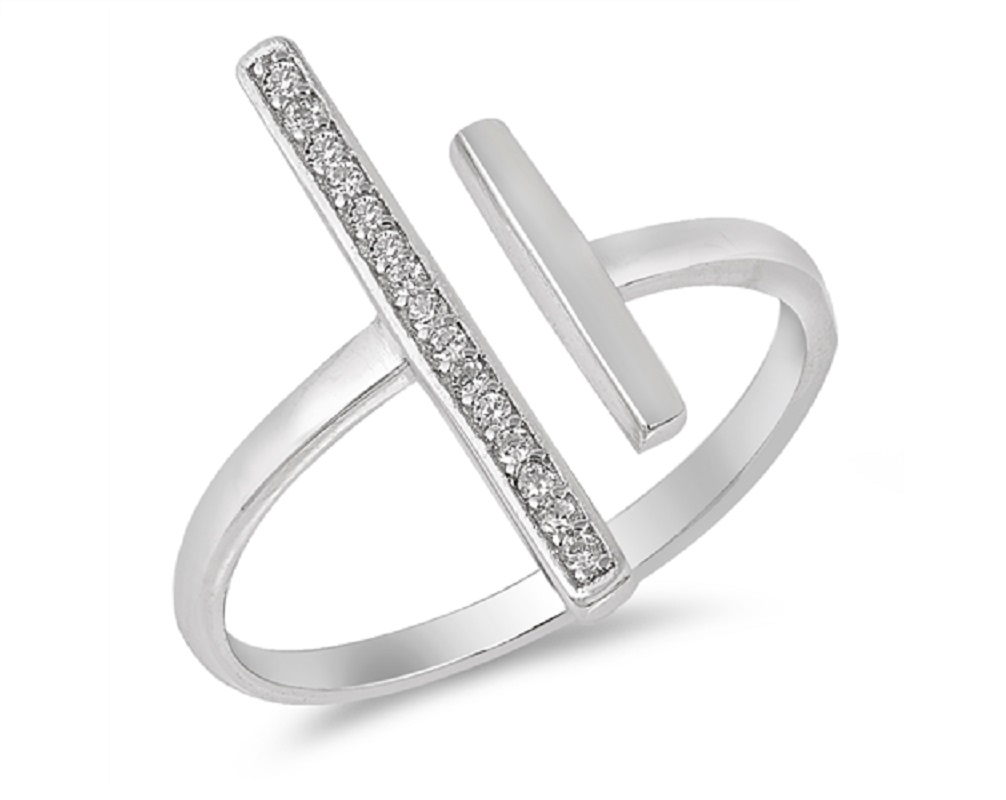 Clear Cubic Zirconia Two Bars Adjustable Band Ring Sterling Silver ...