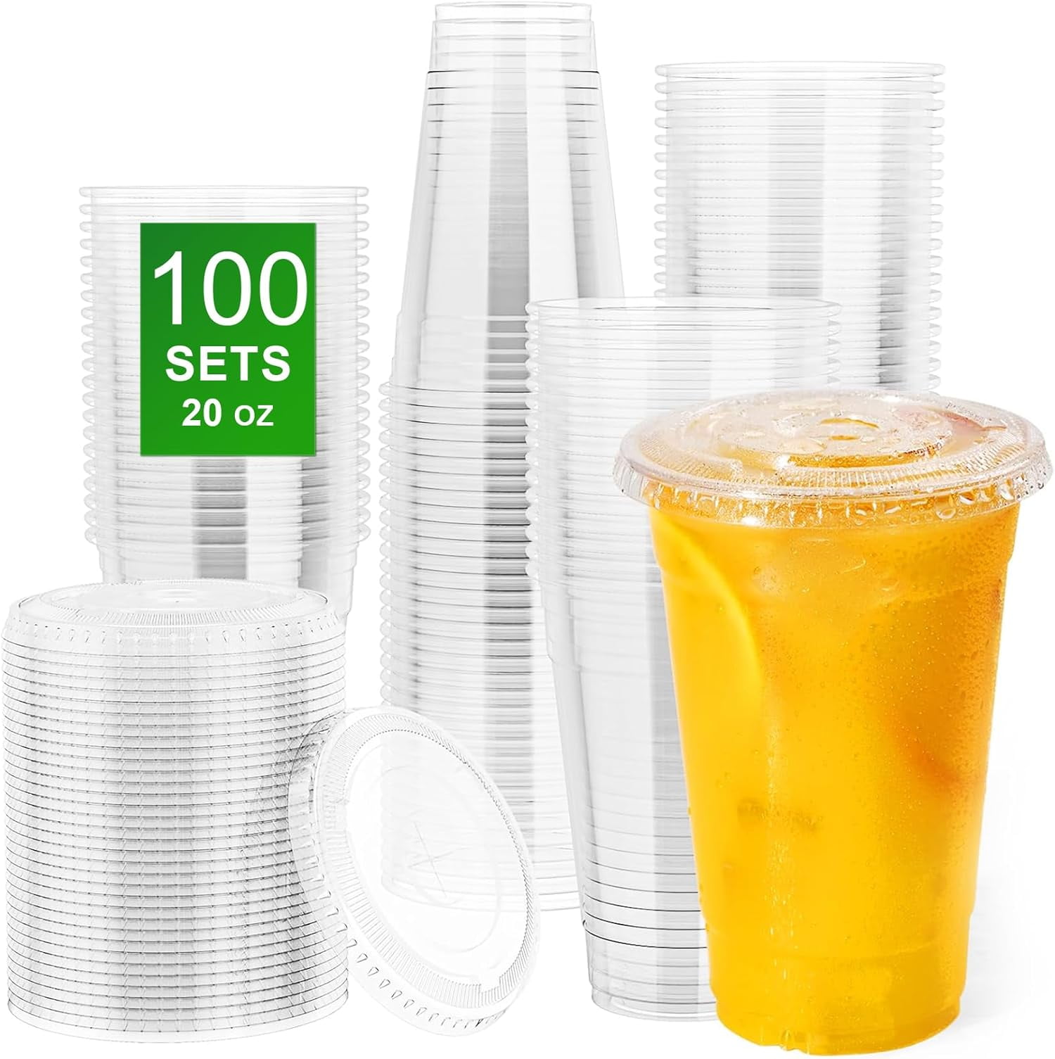 Clear Cups with Flat , 100 Sets 20oz (200-) Disposable PET Party Cups ...