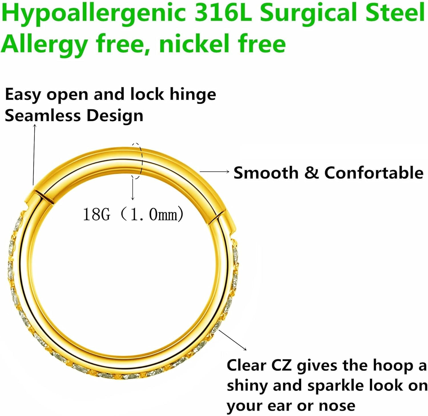 Clear Cz Nose Rings Hoop 316L Surgical Steel Cartilage Earrings Conch ...