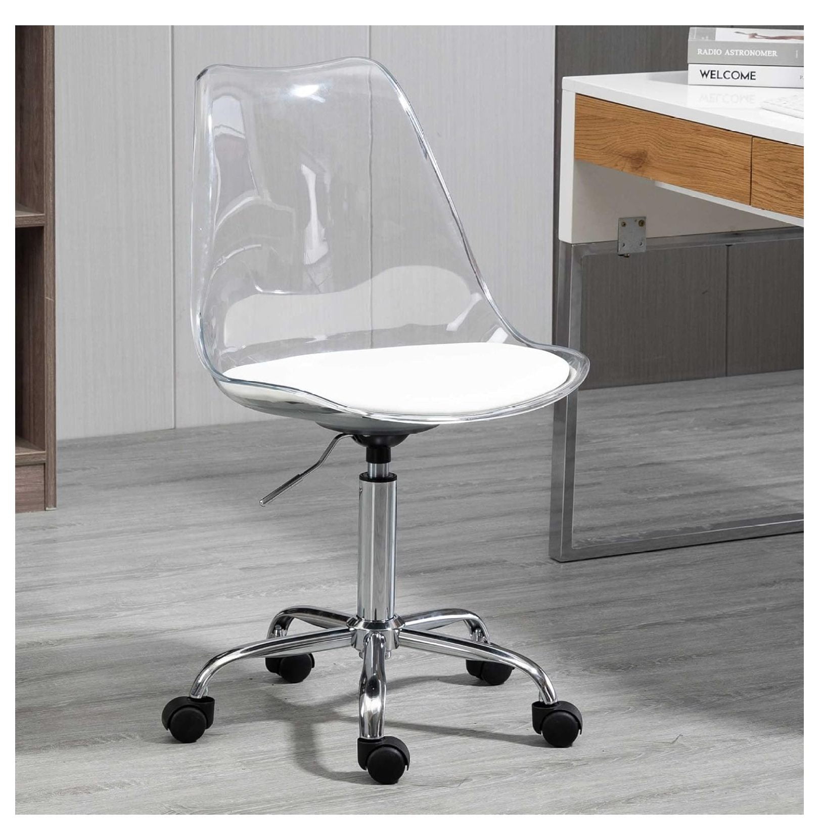 Clear Desk Chair, Modern Small Cute Armless Vanity Rolling Plastic ...