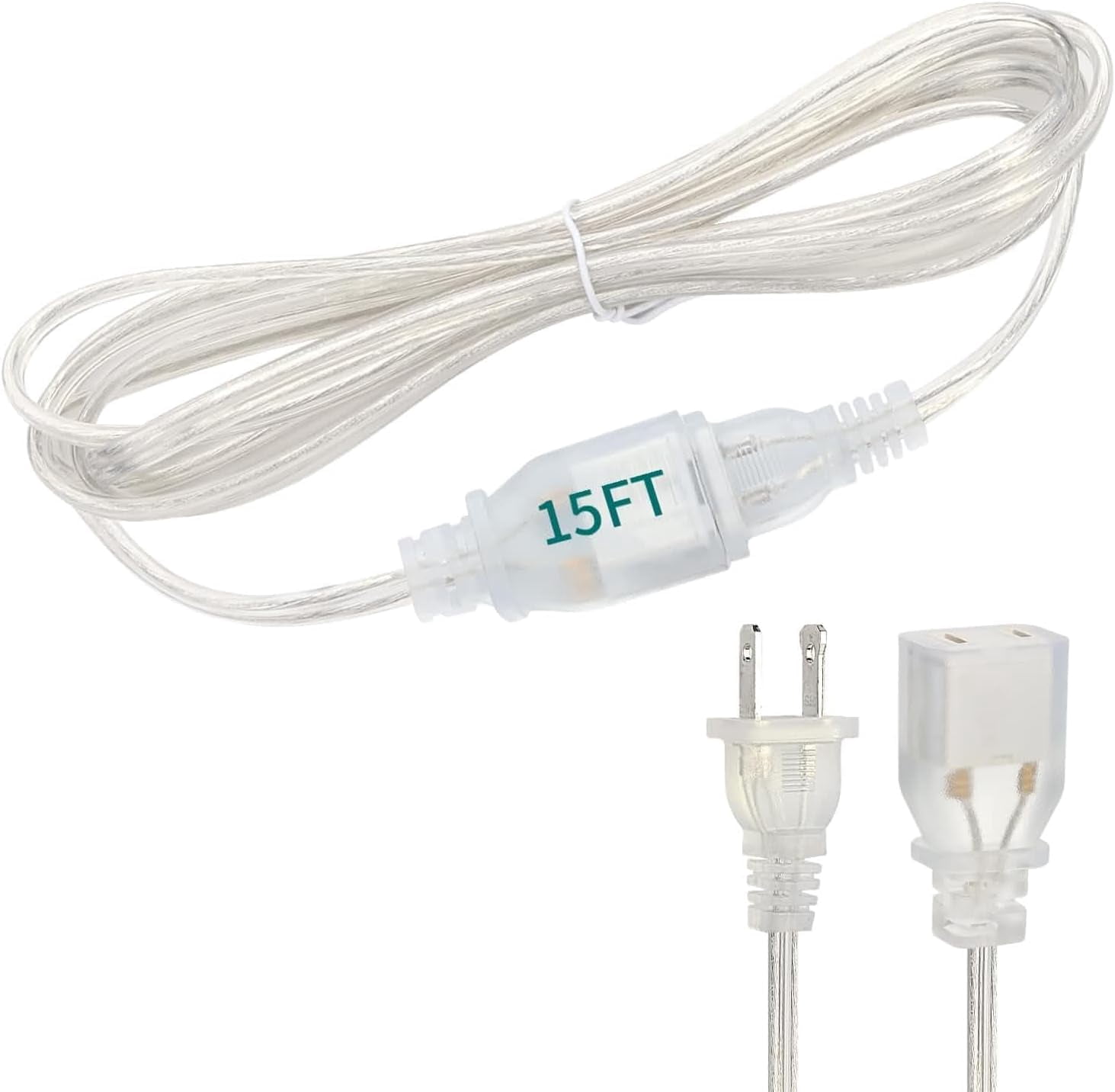 Clear Extension Cord - 15 Ft, Male to Female, UL-Certified, 2 Prong ...