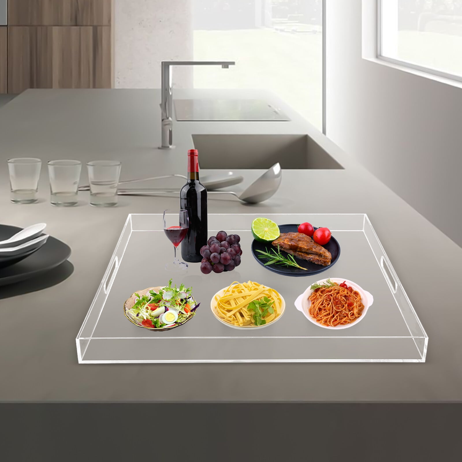 Clear Extra Large Acrylic Serving Tray with Handles Oversize 23.92x23 ...
