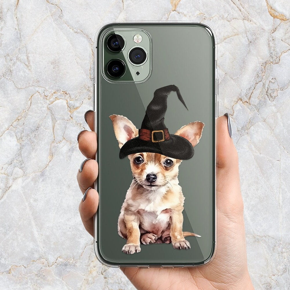 Clear Fall Chihuahua Puppy Witch Hat Cute Dog Phone Case 17 16 15 14 13 ...