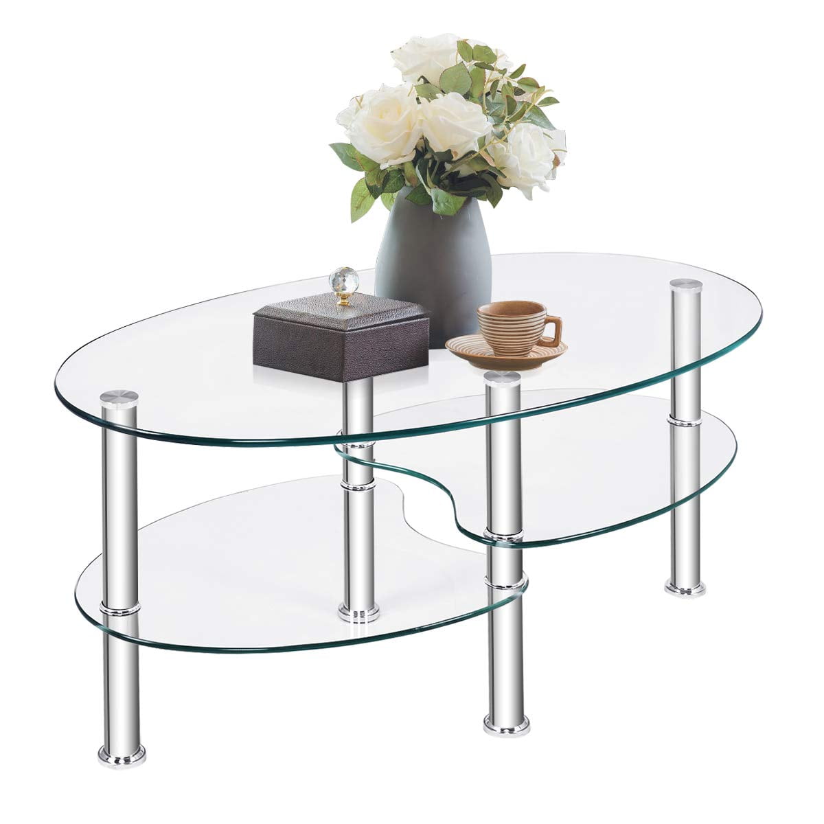 Clear Glass Coffee Table, 2-Tier Modern Oval Tempered Glass Tea Table ...