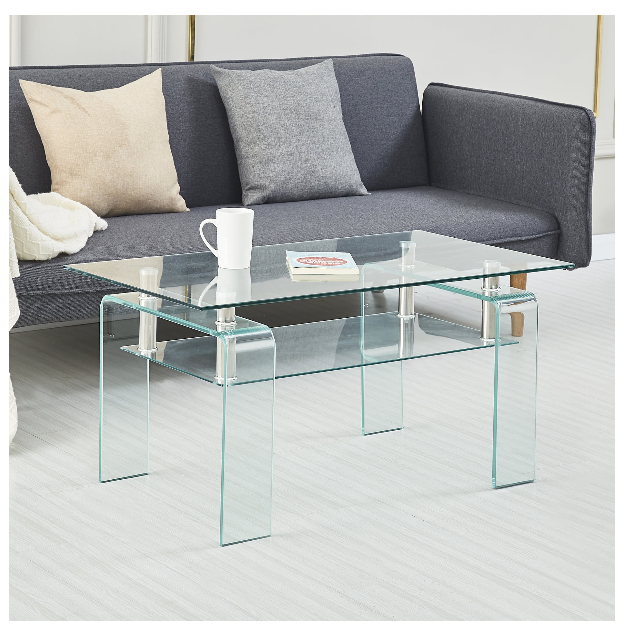 Clear Glass Coffee Table, Modern 2-Tier Center Table for Living Room ...