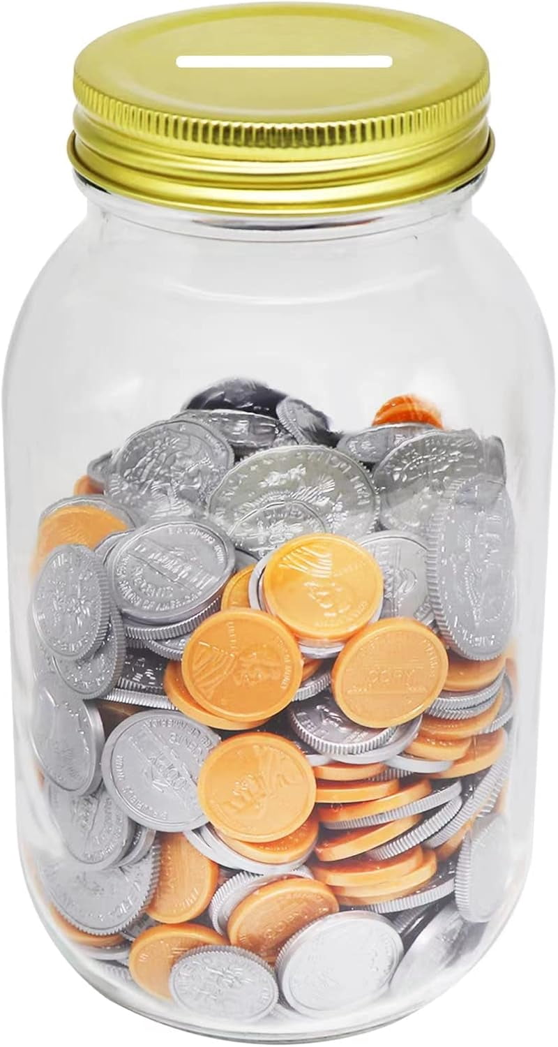 Clear Glass Coin Bank Jar with Slotted Gold Lid, Money Coin Tip Piggy ...
