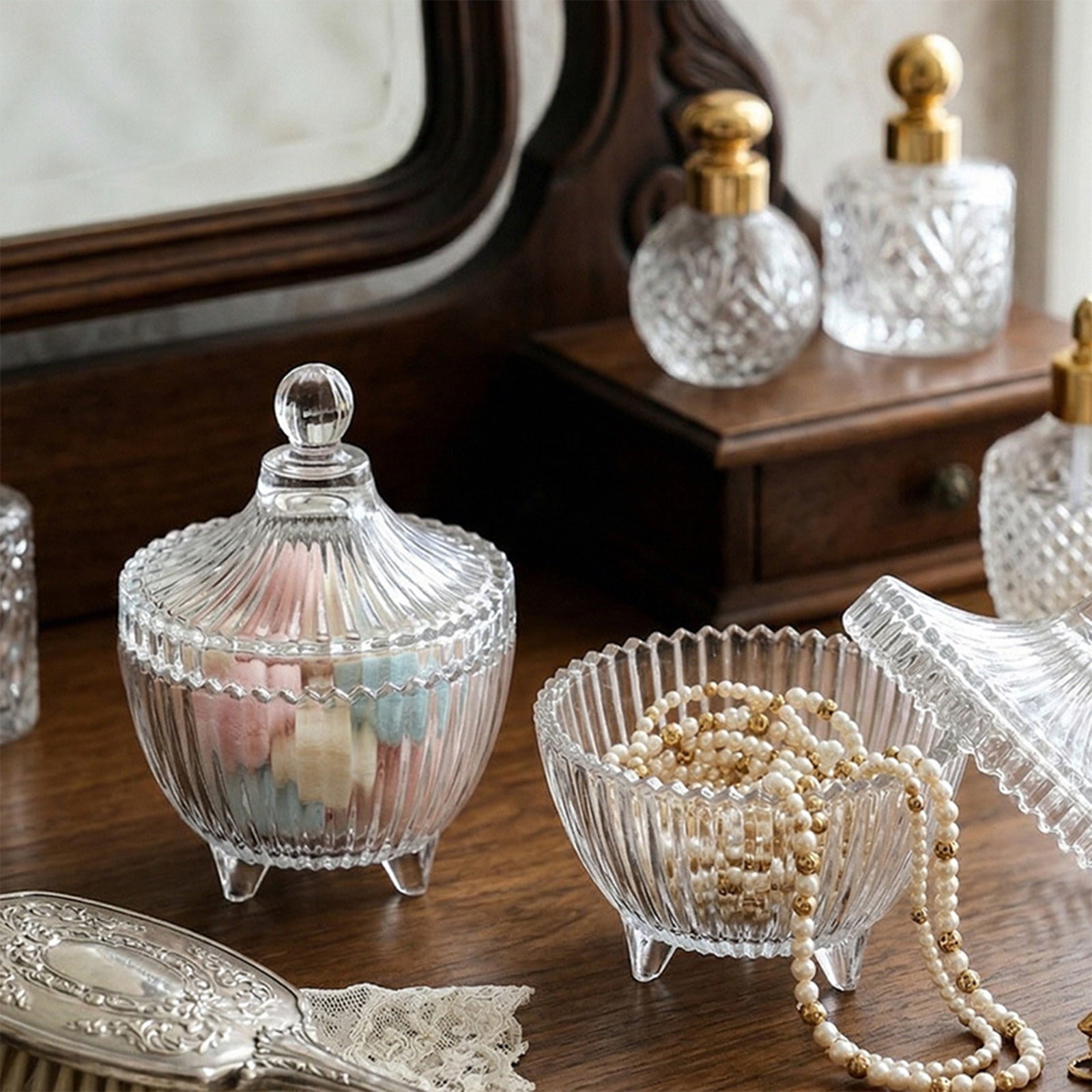 Clear Glass Jar with Cut Embossed Decorative Lid, Glass Candy Jar with ...