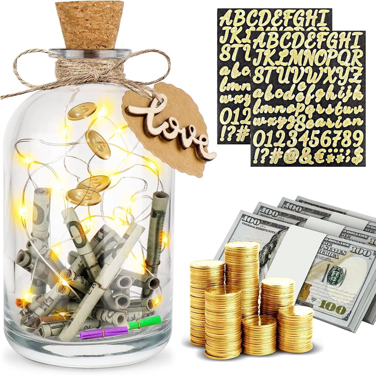 Clear Glass Piggy Bank for Adults, LED Light Up Clear Money Jar Glass ...