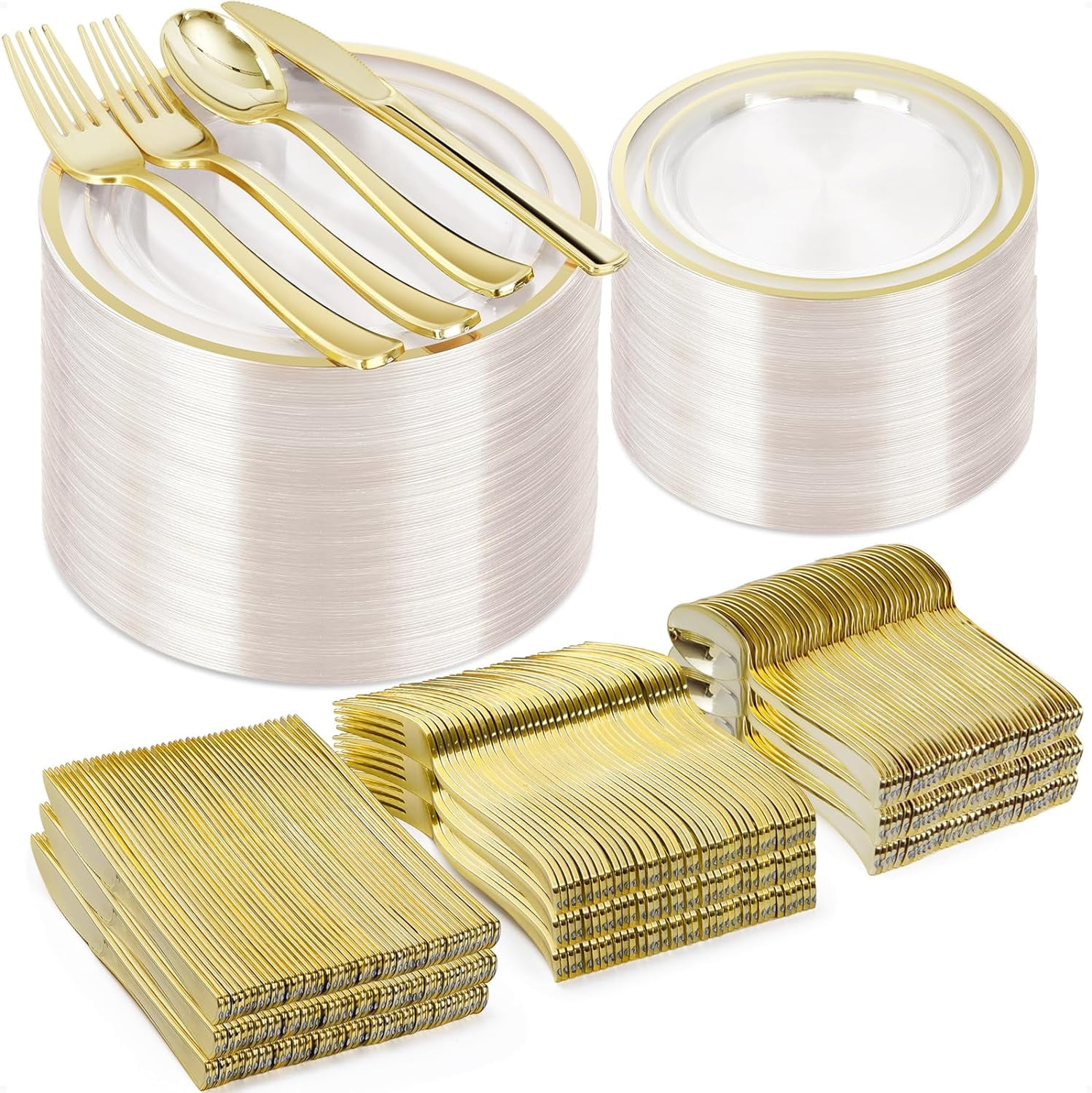 Clear Gold Plastic Plate Set (100 Guests), Disposable Dinnerware Set ...