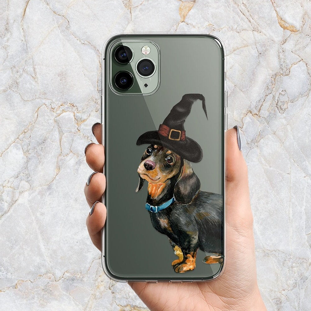 Clear Halloween Dachshund Puppy Witch Hat Phone Case 17 16 15 14 13 12 ...