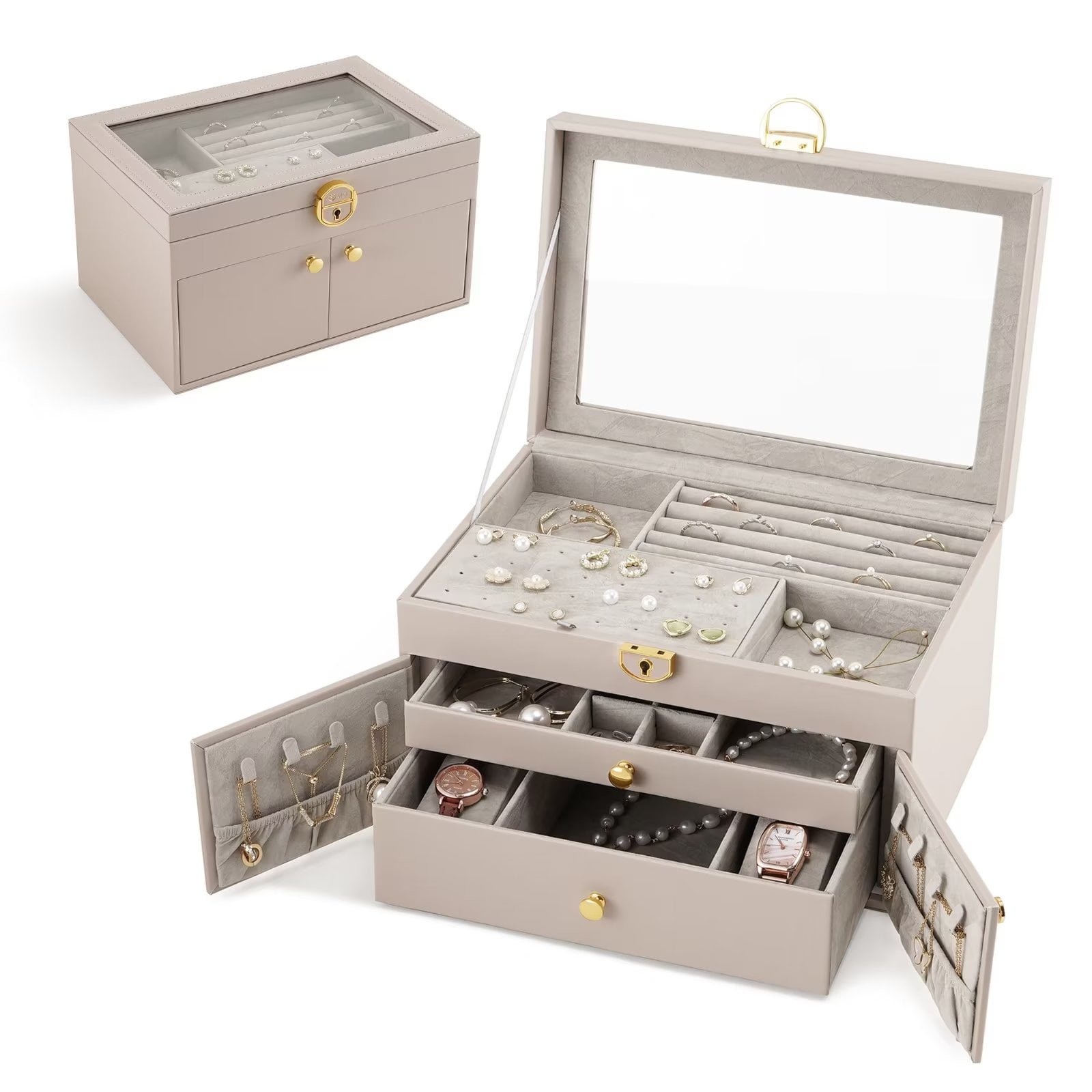 Clear Lid Jewelry Box 3 Layers Jewelry Organizer With Lock Large Multi-Functional Leather ...