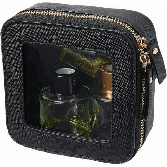 Clear Makeup Bag Small Travel Toiletry Box Black PU Leather Waterproof ...