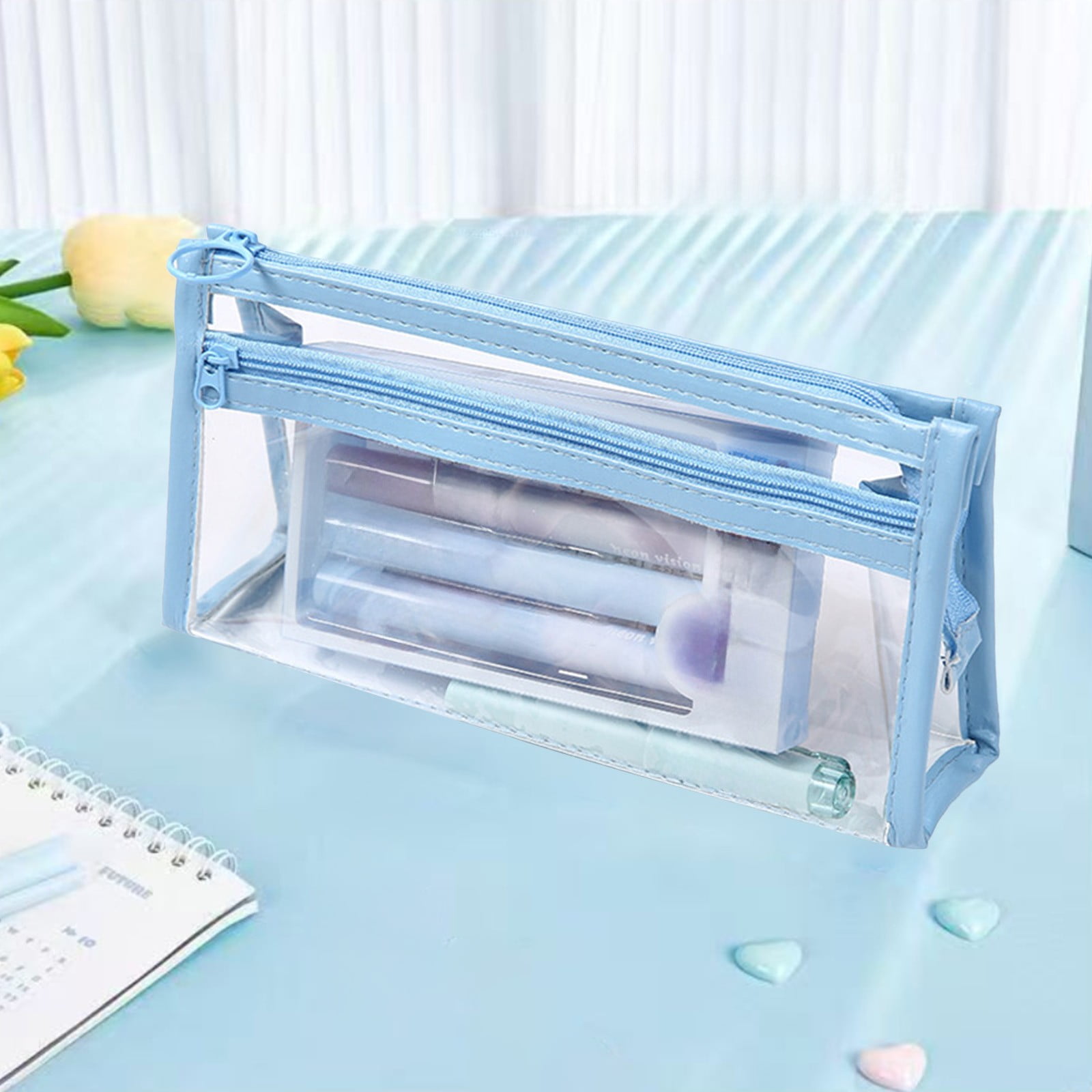 Clear Makeup Pouch, Two Layer Stationery Storage Bag PVC Transparent ...