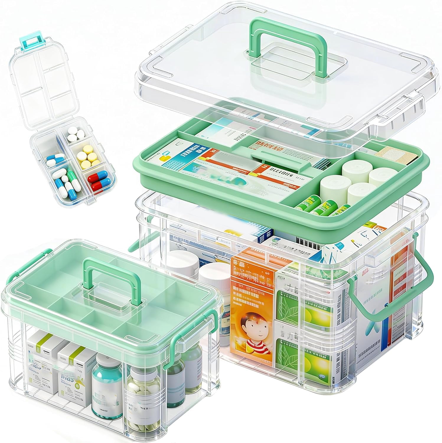 Clear Medicine Organizer Storage Box with Tray, Portable Medicine ...