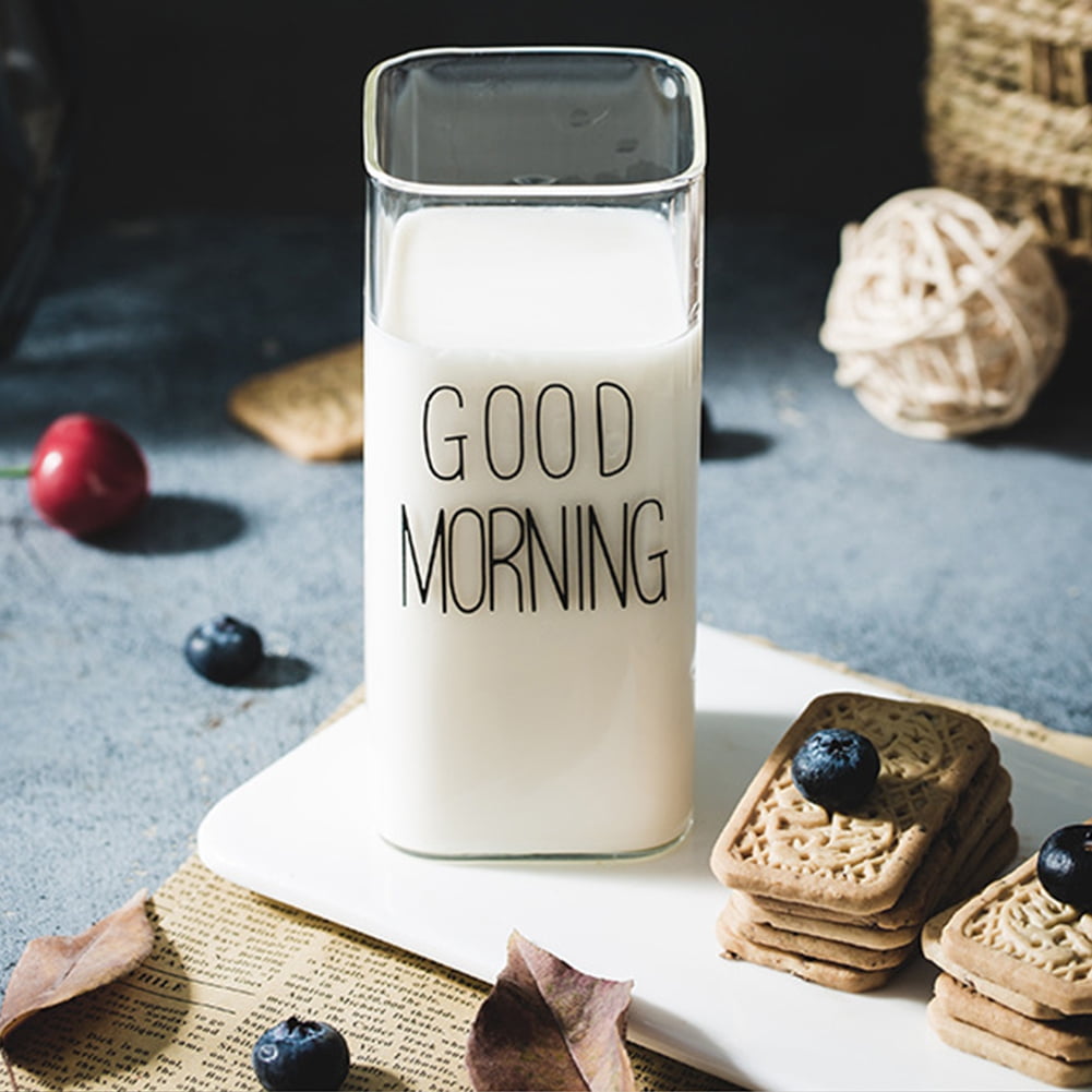 Clear Milk Glass Cups Square Good Moning Print Breakfast Coffee Mug ...