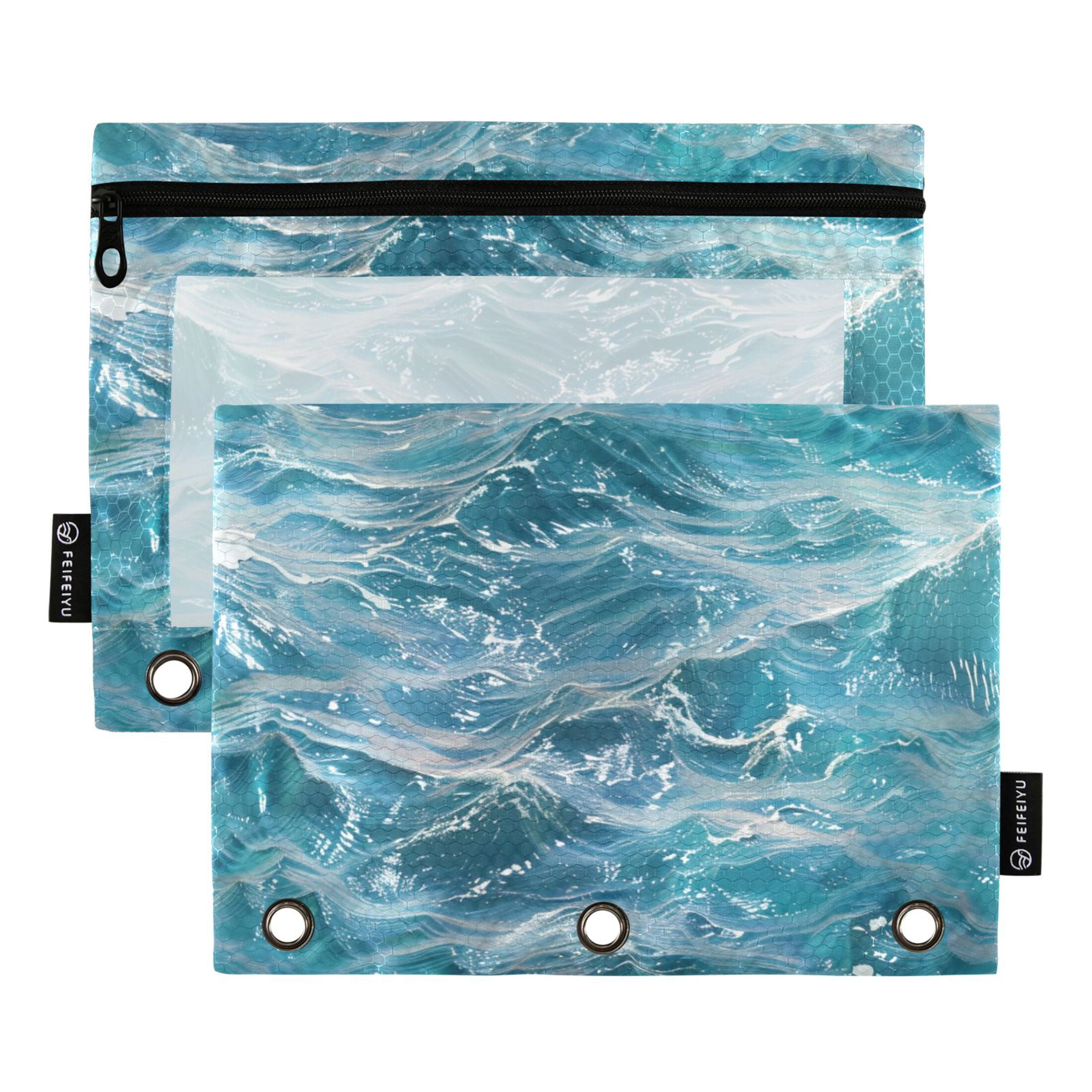 Clear Ocean Wave Binder Pouches Zipper Pocket Document Storage 3 Rings ...