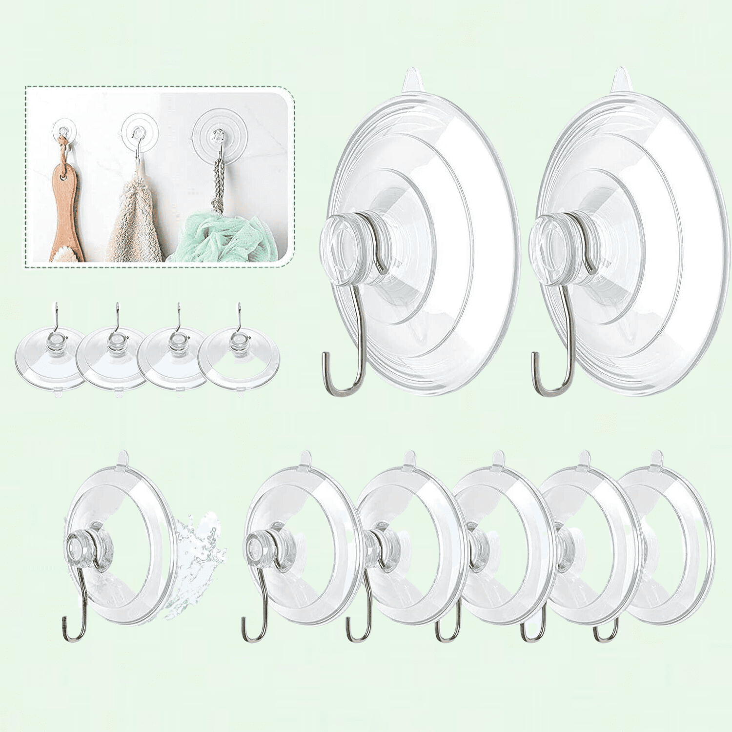 Clear PVC Suction Cups with Metal Hooks, Set of 12, Removable and ...