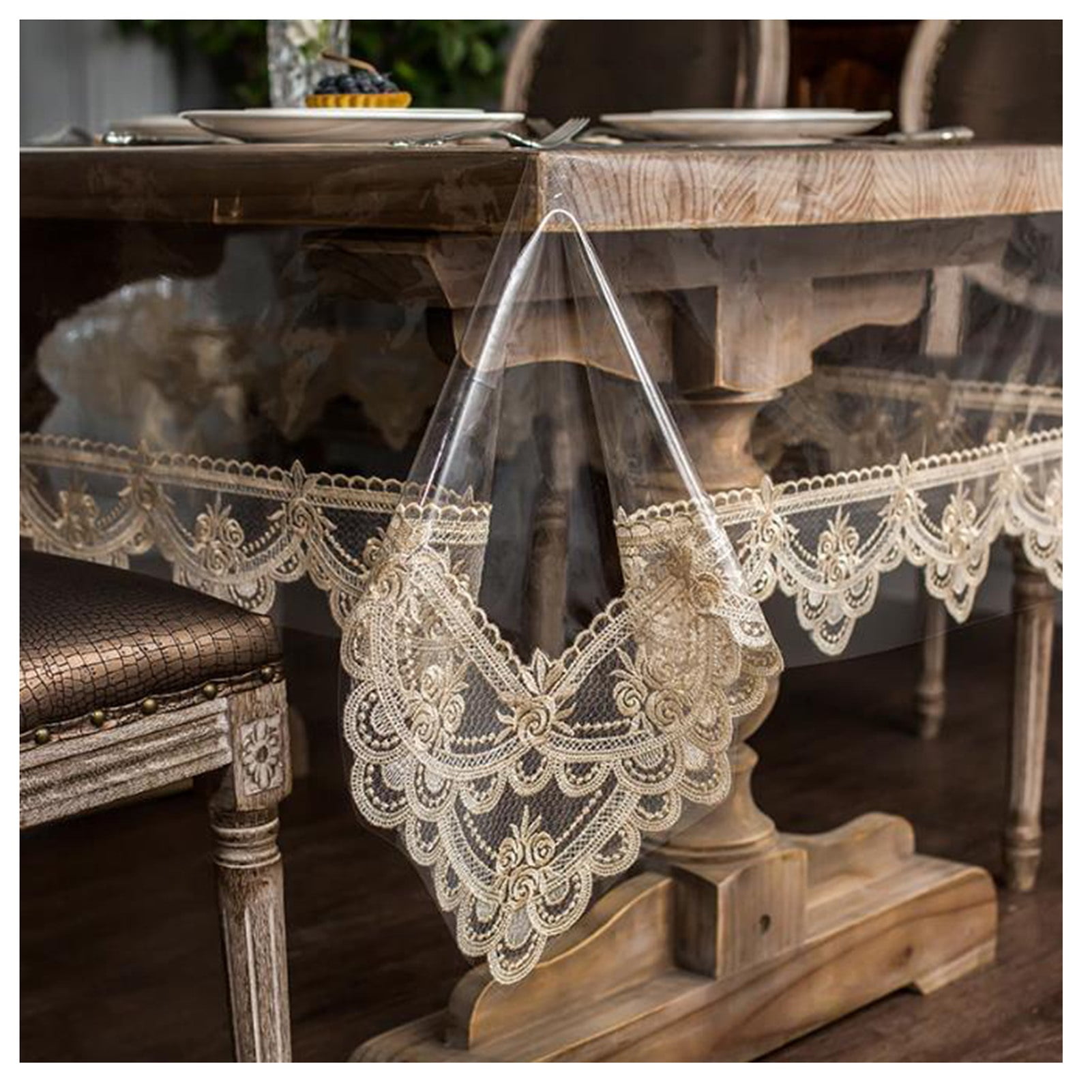 Clear PVC Tablecloth, Waterproof Dining Table Protector Cover with Lace ...