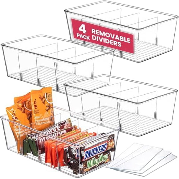 Clear Pantry Organizer Bins 4-Pack - Fridge Organizer with 3 Removable ...