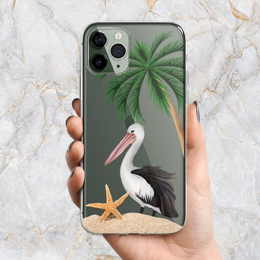 Clear Pelican Palm Tree Ocean Bird Phone Case with iPhone 17 to 11 Pro ...