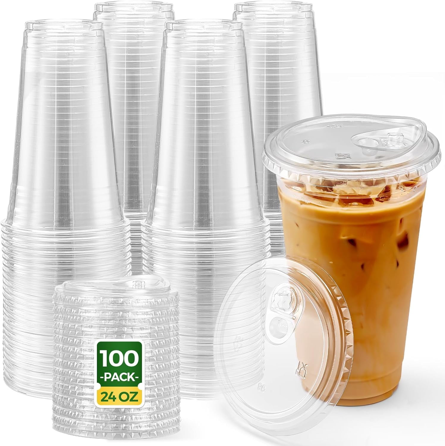 Clear Plastic Cups with Lids, [100 Sets - 24oz] Disposable Crystal Iced ...