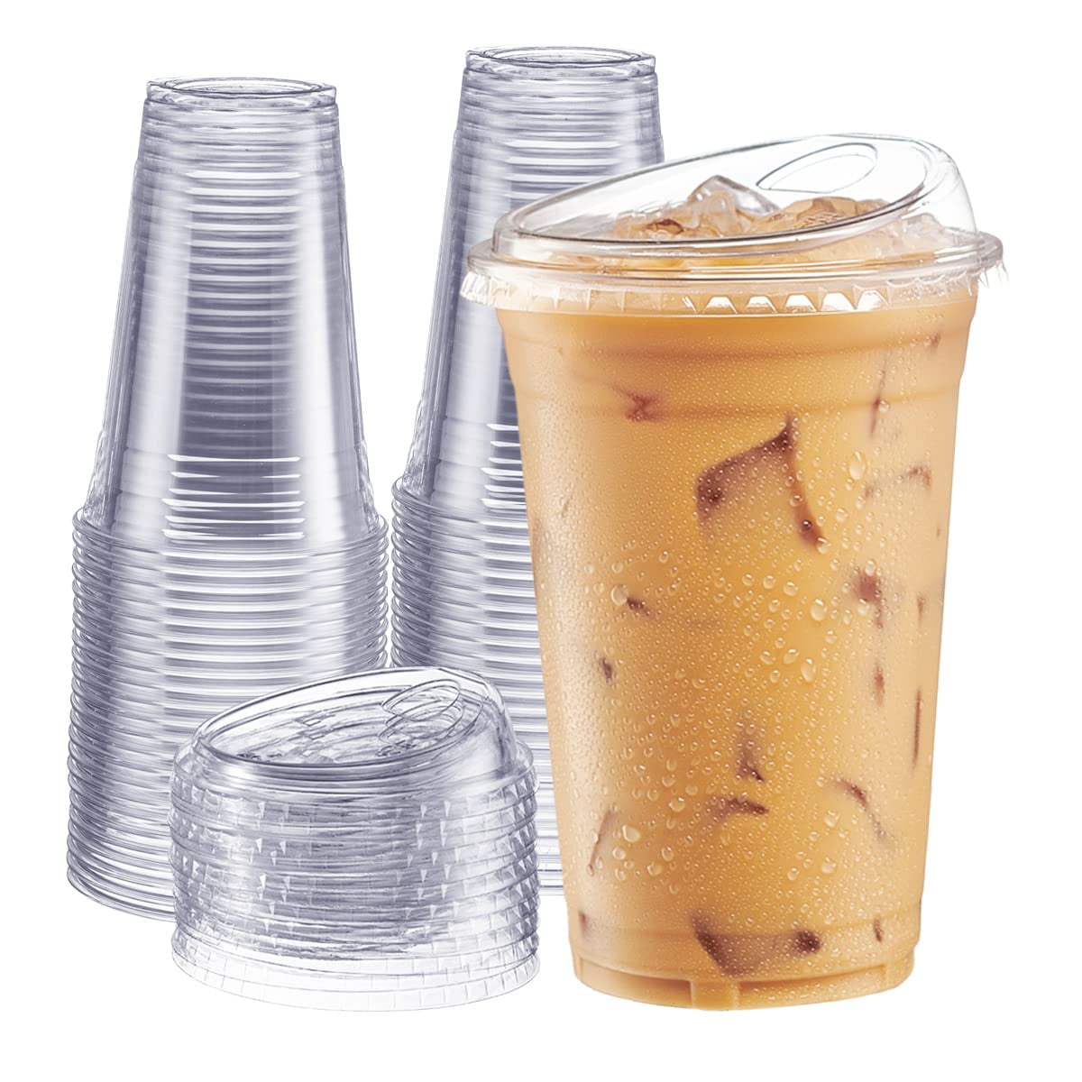 Clear Plastic Cups with Lids 20 oz 100 Count, Disposable Strawless Sip ...