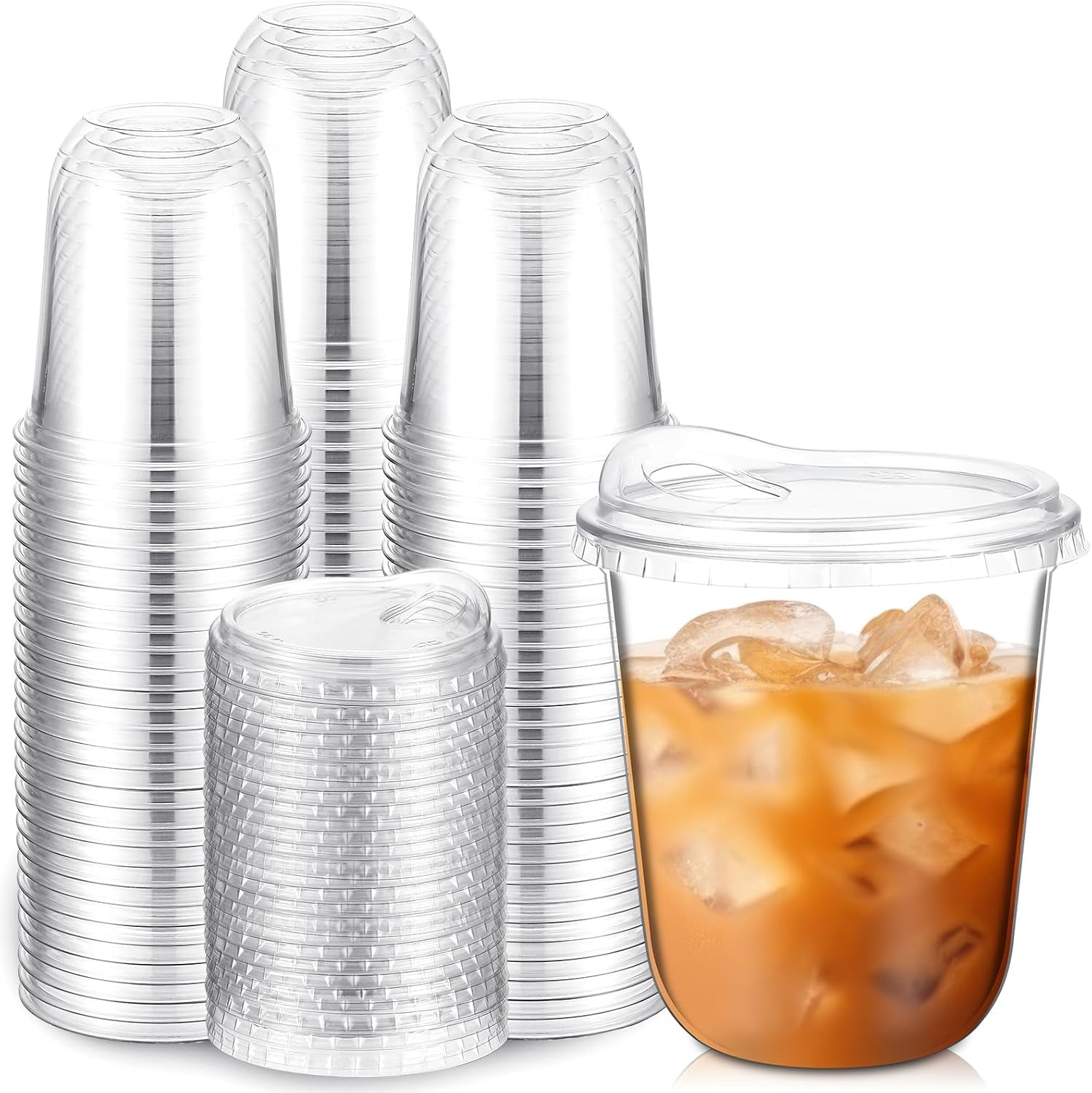 Clear Plastic Cups with Strawless Sip Lids Disposable Round Bottom Togo ...