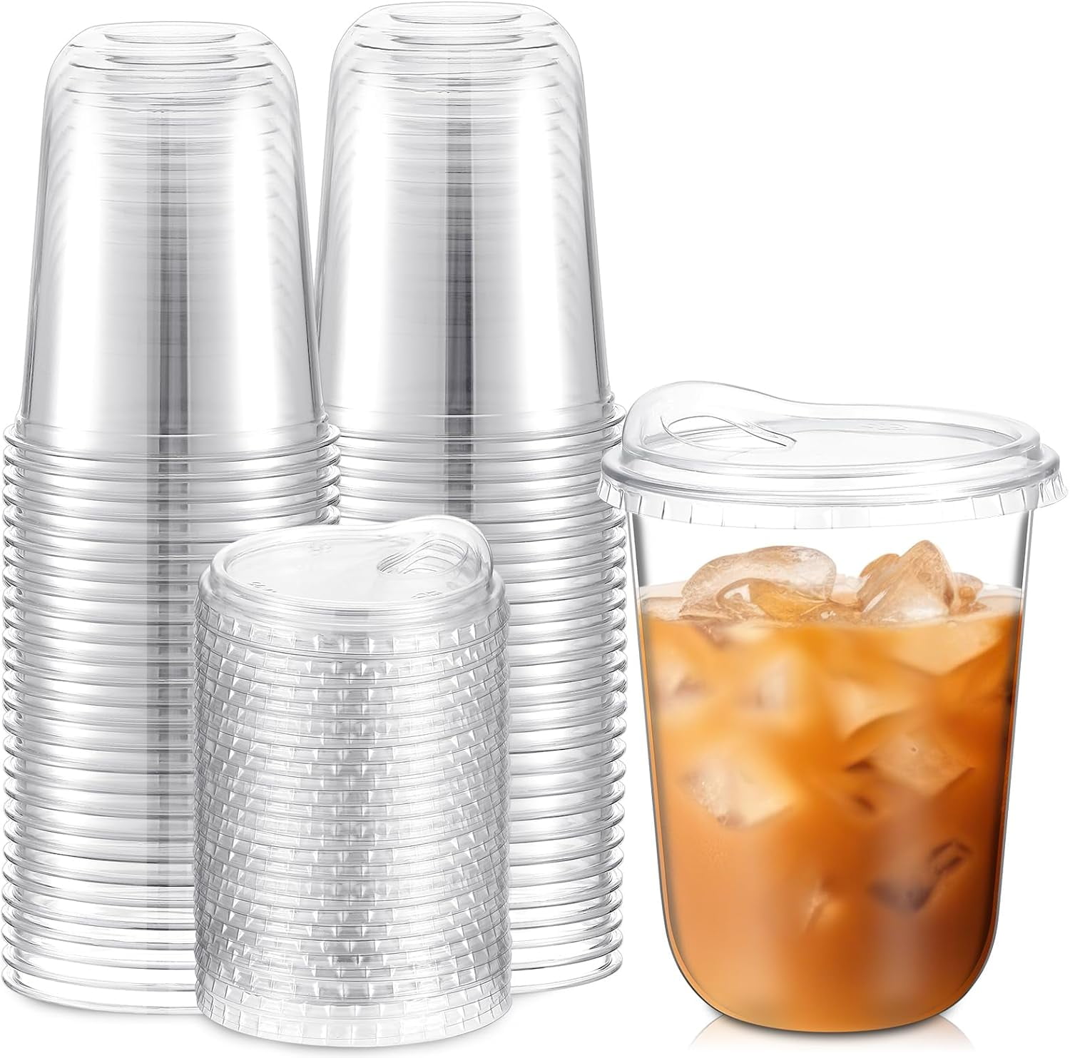 Clear Plastic Cups with Strawless Sip Lids Disposable Round Bottom Togo ...