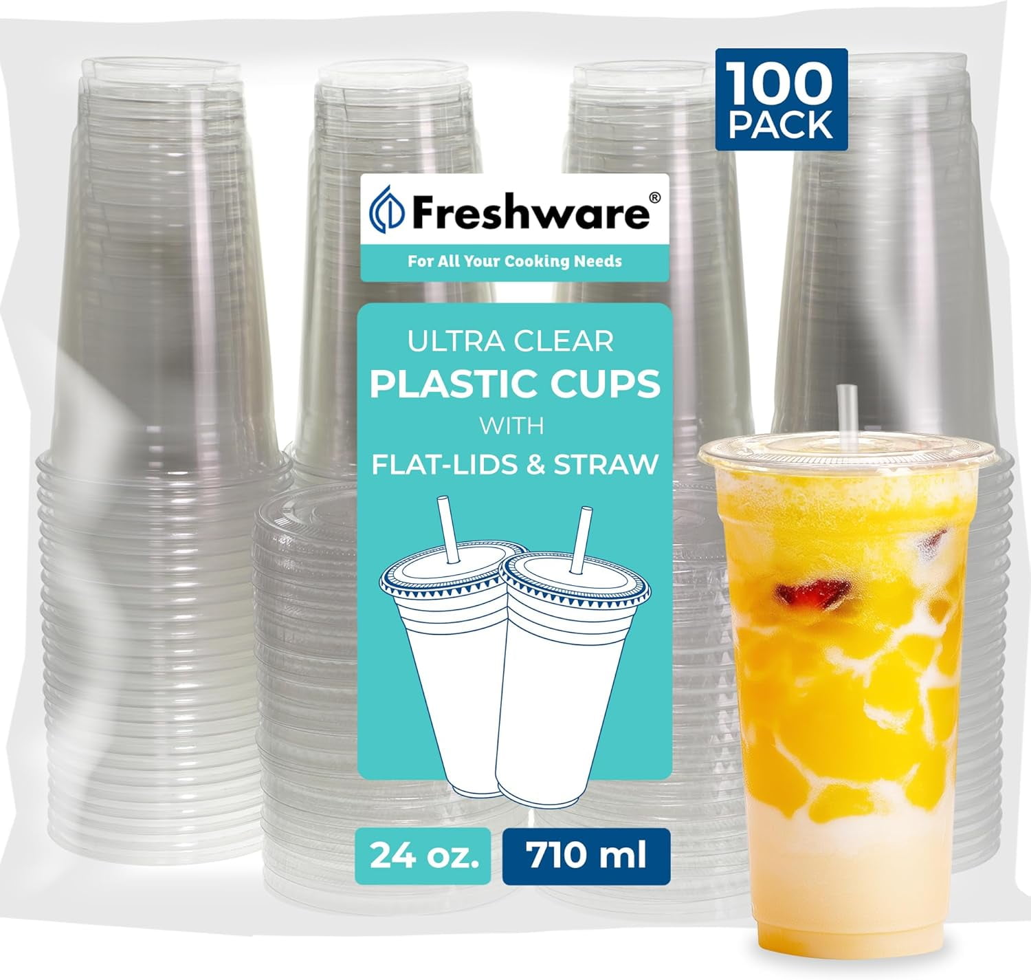 Clear Plastic Cups with Flat Lids and Straws [100 Cups - 24 oz ...