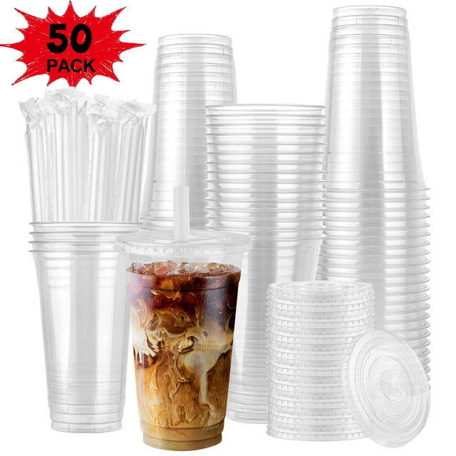 24 oz Clear Party Transparent Disposable Plastic Cups, Flat Lids and Straws, Set of 50 - Walmart.com