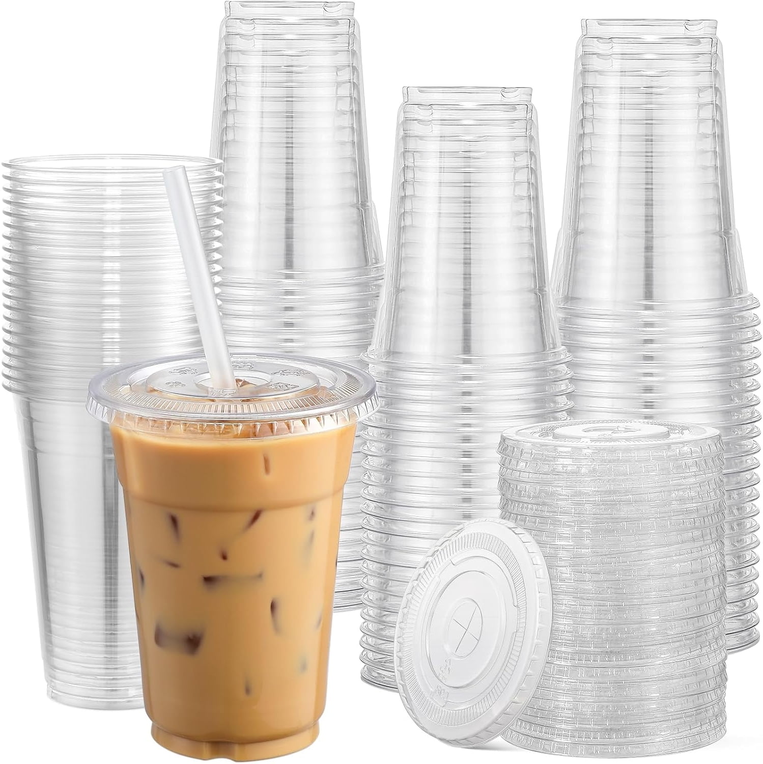 Clear Plastic Cups with Lids, Disposable Cups With Straw Slot Lids for ...