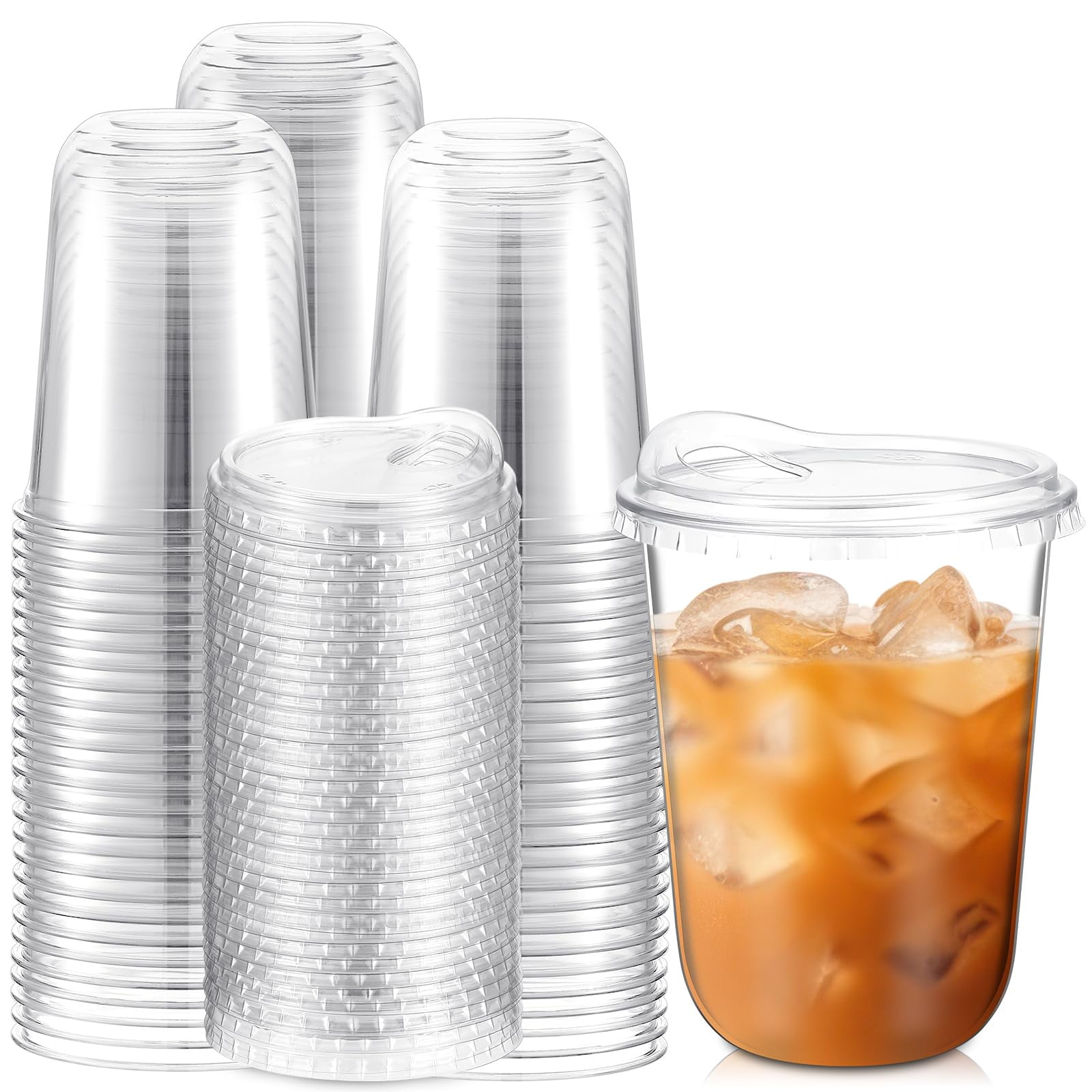 Clear Plastic Cups with Sip Lids Disposable Round Bottom Togo Cups for ...